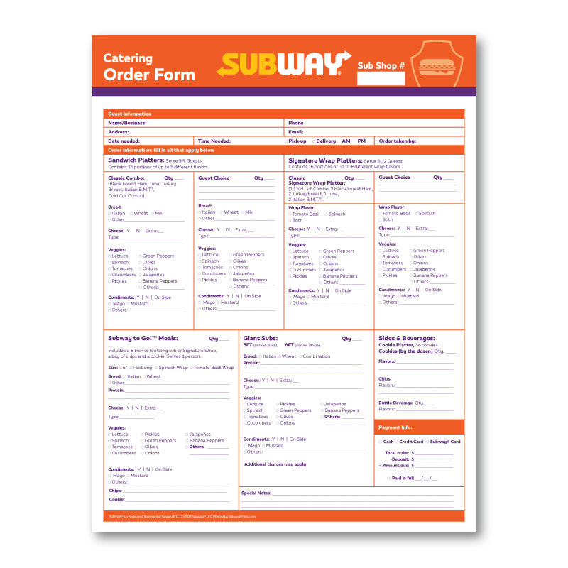 Subway Catering Order Form Pads | Subway Prints