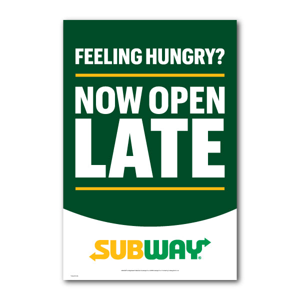 Subway Now Open Late 24X36 Window Vinyl Decal | Subway Prints